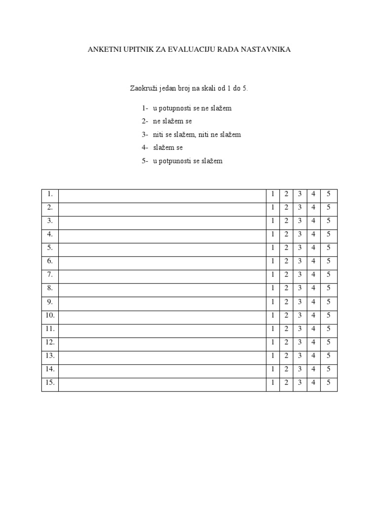 Anketni Upitnik Za Evaluaciju Rada Nastavnika | PDF