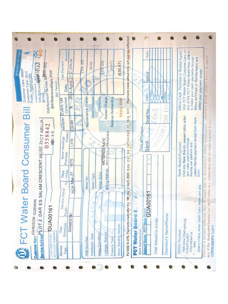 FCT Water Board Consumer Bill | PDF