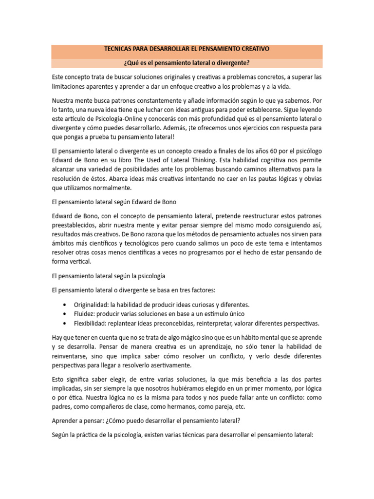 Técnicas para Desarrollar El Pensamiento Creativo (1) LOLI | PDF