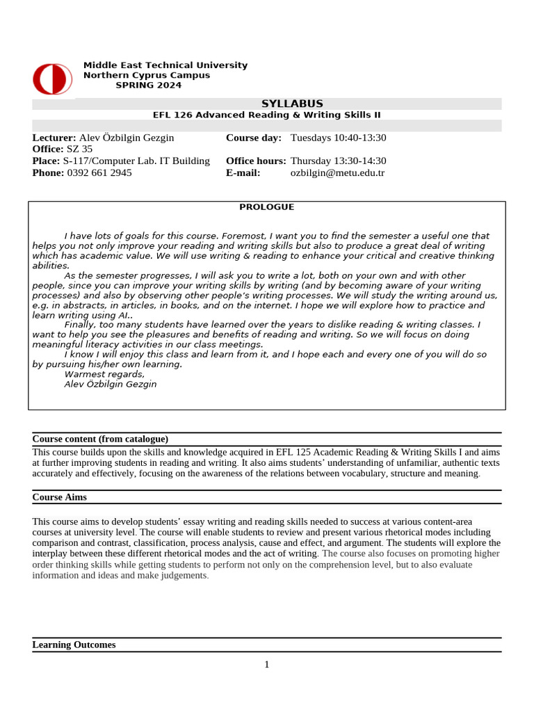 Efl 126 Spring 2024 Syllabus-Revised | PDF