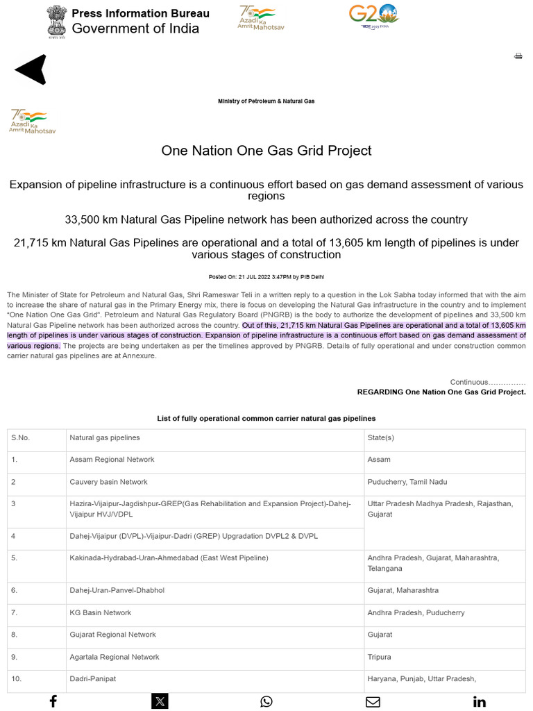 Gas Pipelines India Press Information Bureau | PDF | Government Of India