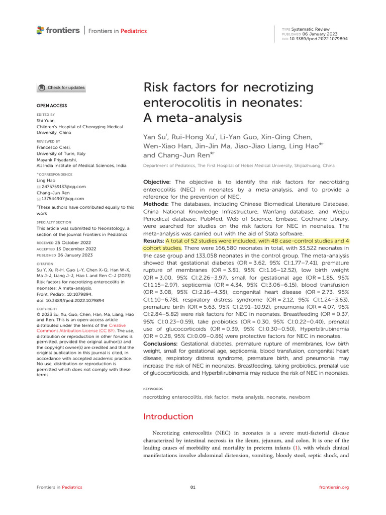 Risk Factors For Necrotizing Enterocolitis in Preterm Infants A Meta ...