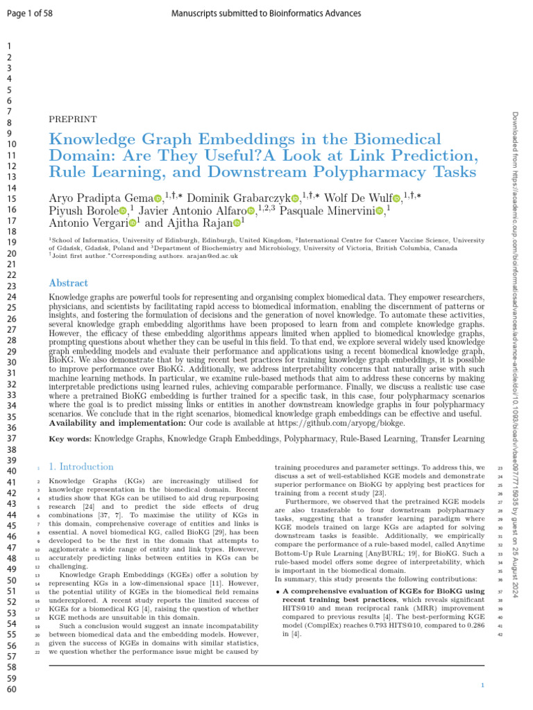 Knowledge Graph Embeddings in The Biomedical Domain: Are They Useful? A Look at Link Prediction ...