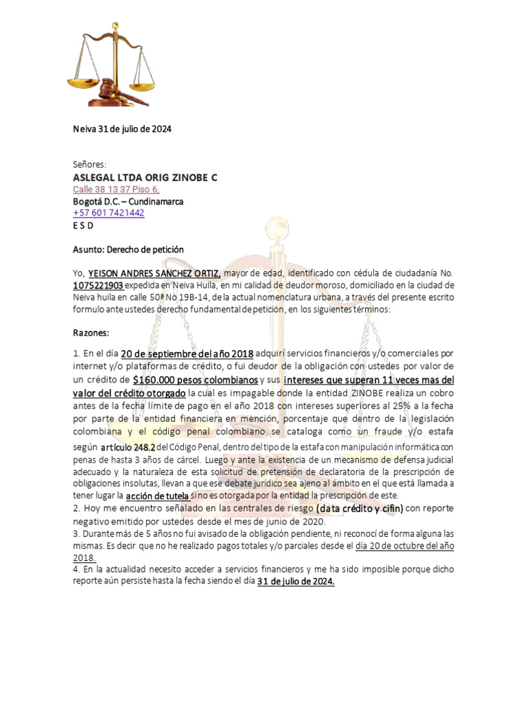 Derecho de peticion de deuda con zineo linero 2018 yeison andres sanchez 2024 | PDF