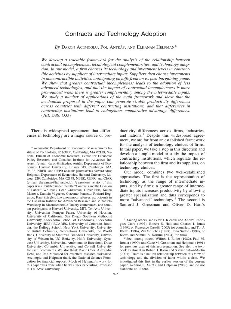 Acemoglu Contracts and Technology Adoption | PDF