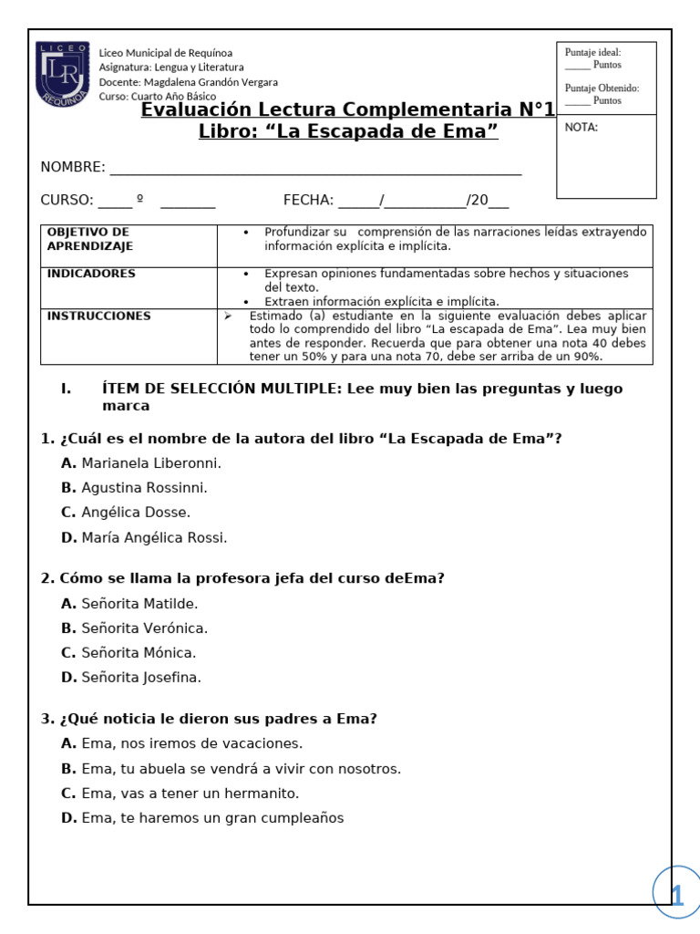 Evaluación Lectura Complementaria La Escapada de Ema 4° | PDF