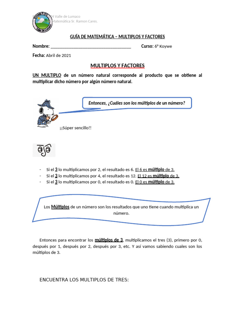 GUÍA DE MATEMÁTICA_MULTIPLOS Y FACTORES_6TO_BASICO_PROF_JORGE MORENO ...