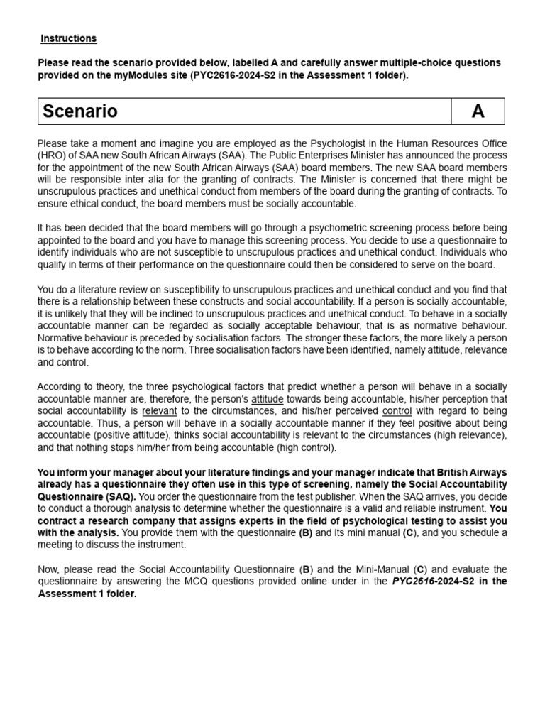 PYC2616 2024 - Assessment Scenario - Social Accountability Questionnaire (SAQ) | PDF | Attitude ...
