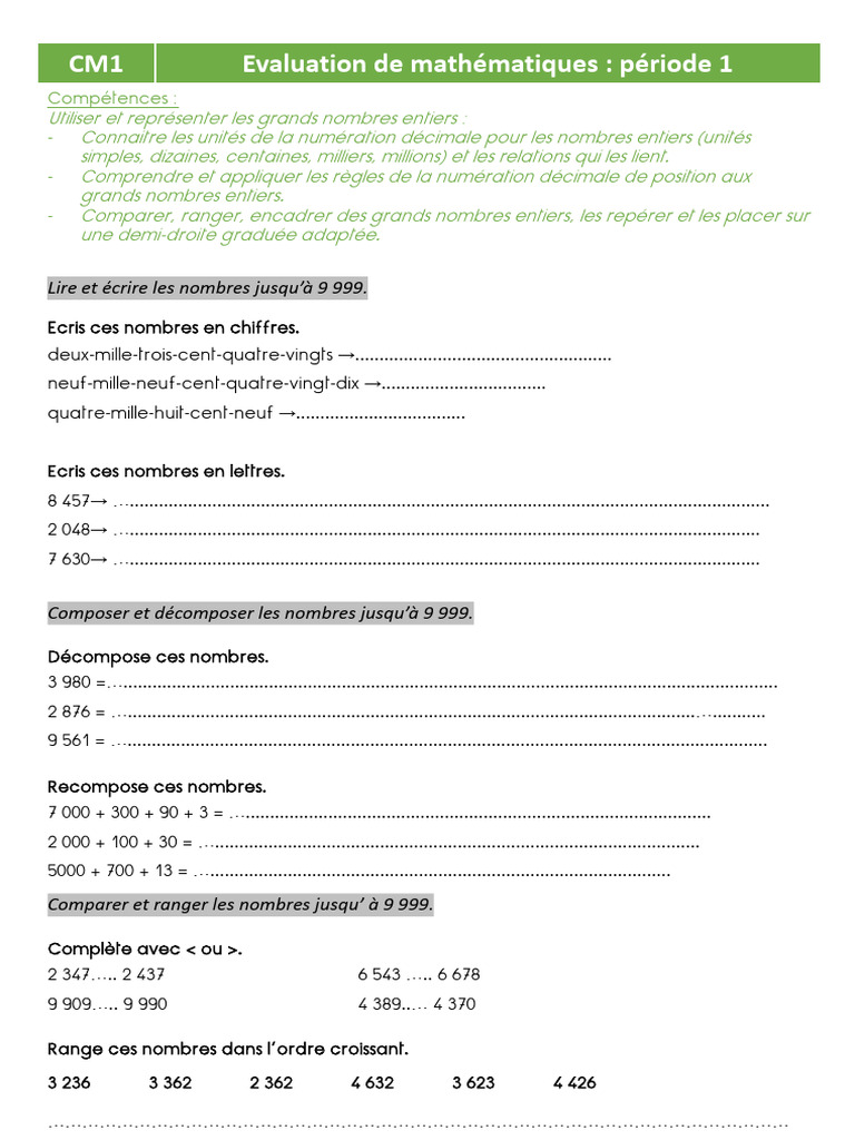 Évaluations CM1 | PDF