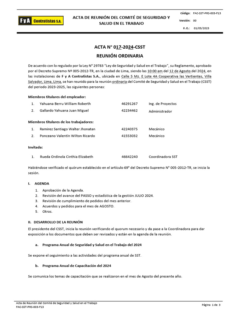 Acta Reunión 017- AGOSTO-2024 | PDF