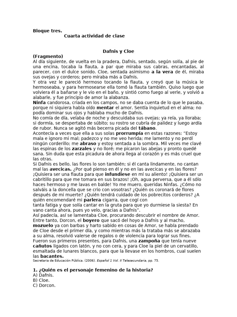Bloque Tres, Cuarta Lectura. 700 Dafnis y Cloe | PDF