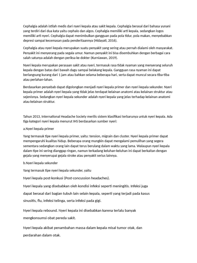 Cephalgia Adalah Istilah Medis Dari Nyeri Kepala Atau Sakit Kepala | PDF