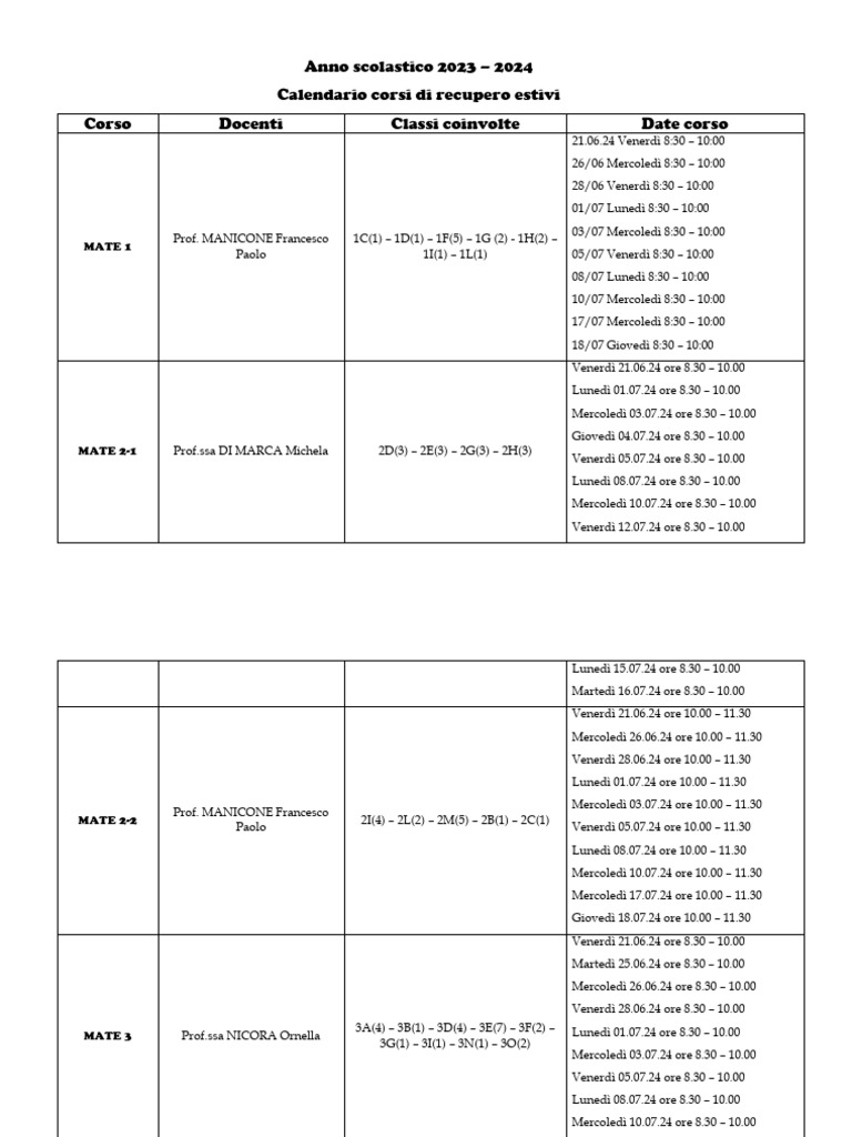 Calendario Corsi Recupero Carenze Secondo Quadrimestre | PDF