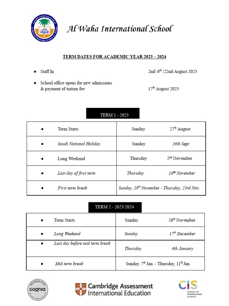 Term Dates For Academic Year 2023 2024 | PDF