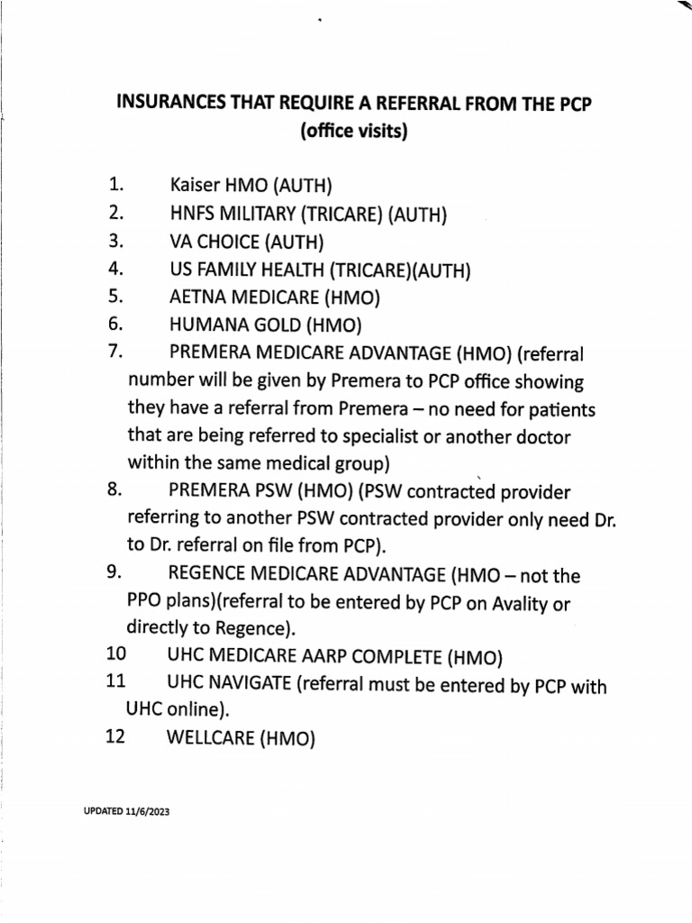 INSURANCES THAT REQUIRE AREFERRAL FROM THE PCP (Office | PDF