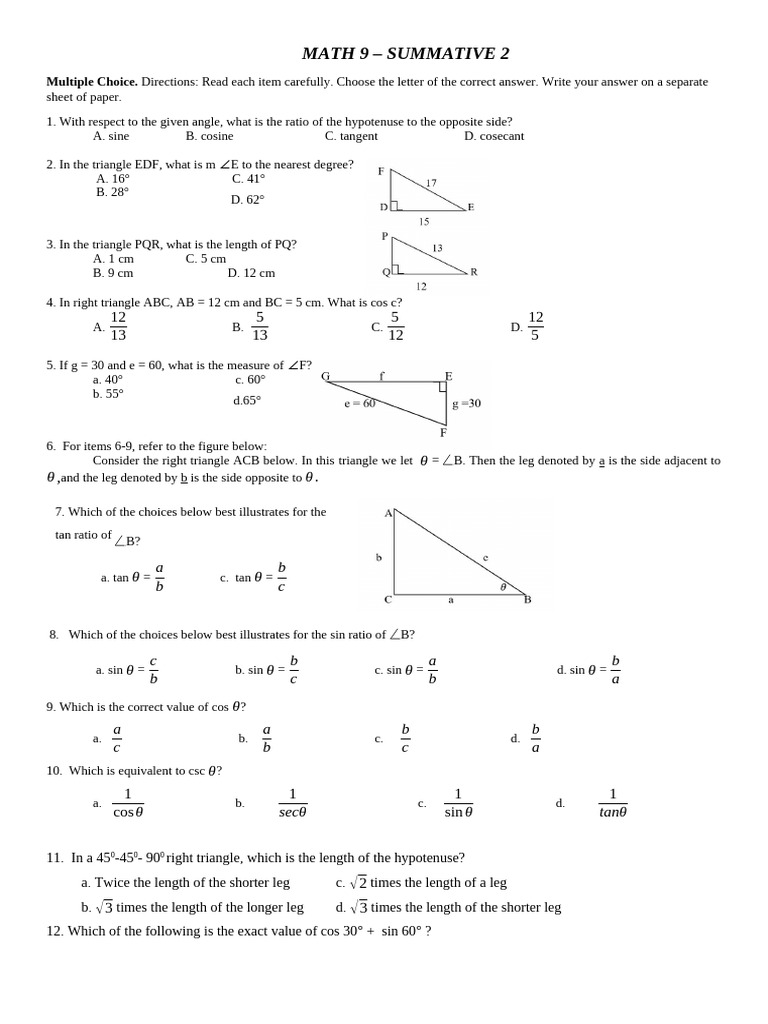Math 9 Summative Exam: Trigonometry Quiz | PDF | Trigonometric ...