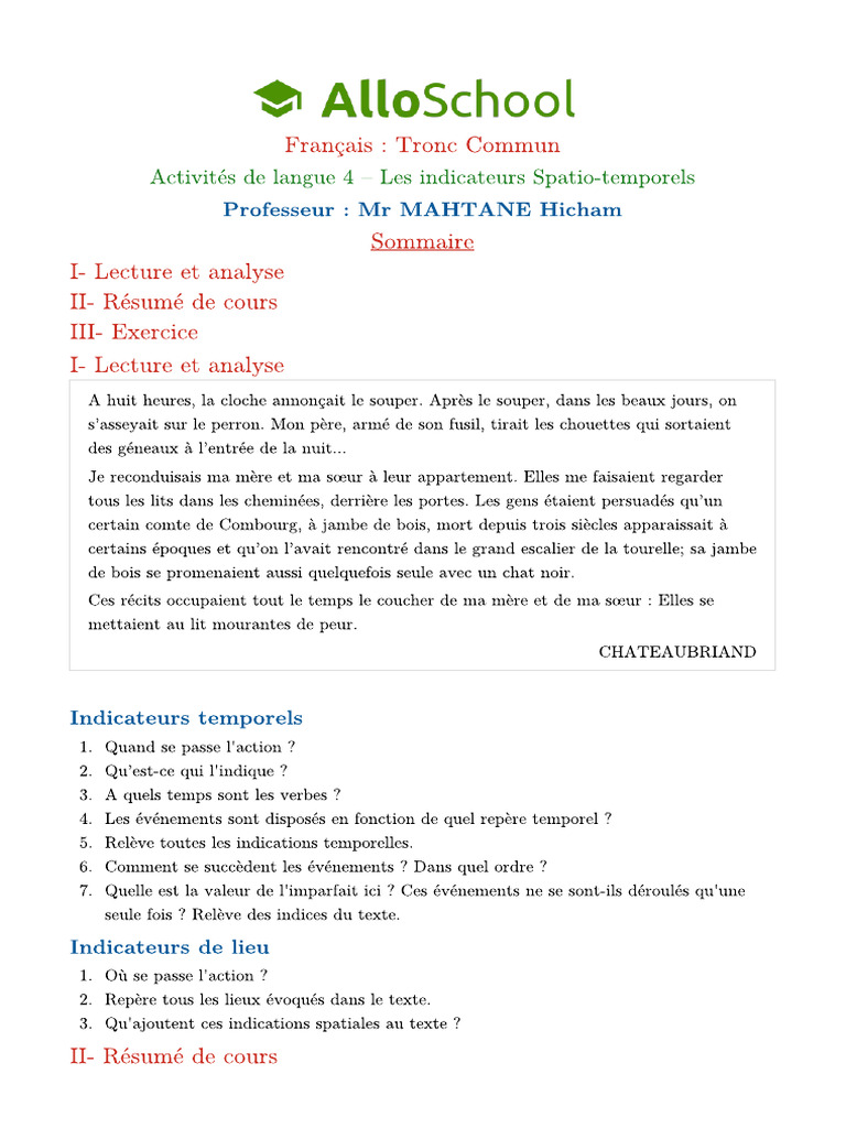 Activites de Langue 4 Les Indicateurs Spatio Temporels 4 | PDF