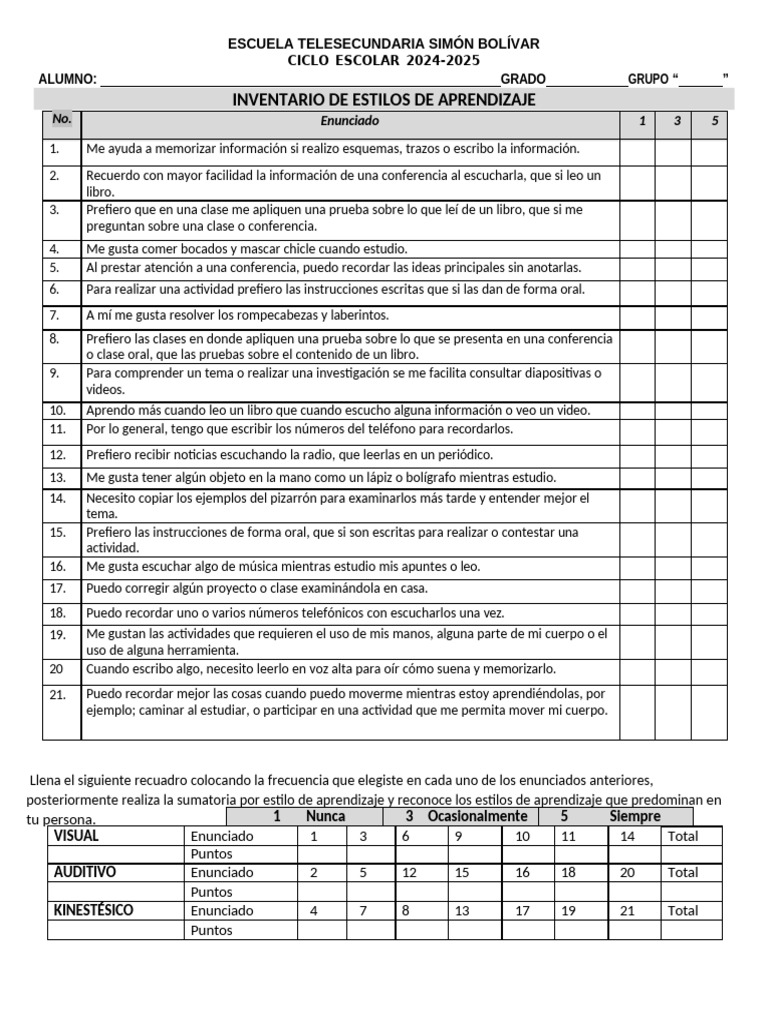 TEST VAK Estilos de Aprendizaje TECNICA 60 | PDF