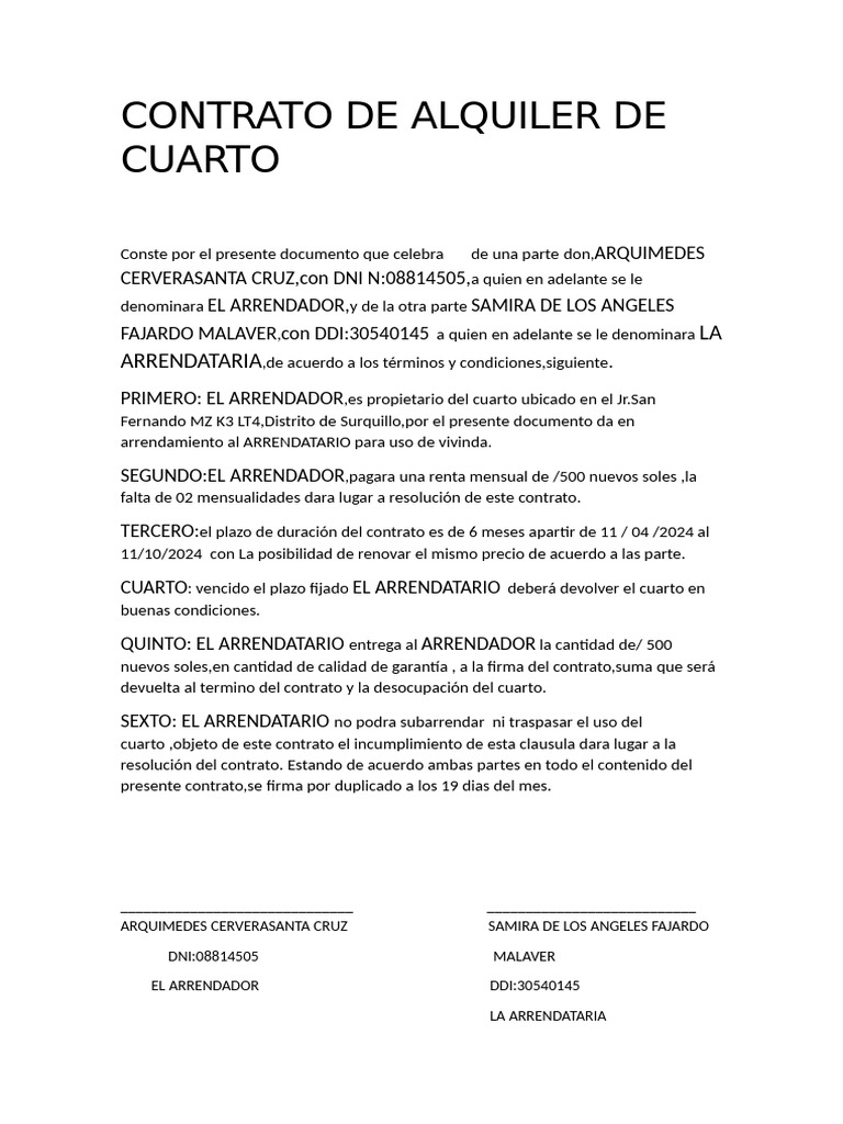 CONTRATO DE ALQUILER DE CUARTO | PDF
