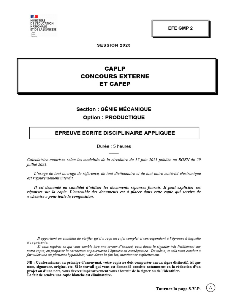 Caplp Externe Section G Nie M Canique Option Productique - Sujet de La Deuxi Me Preuve Crite de ...
