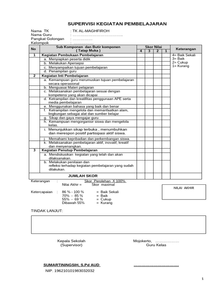 Buku Supervisi Kegiatan Pembelajaran Paud TK | PDF
