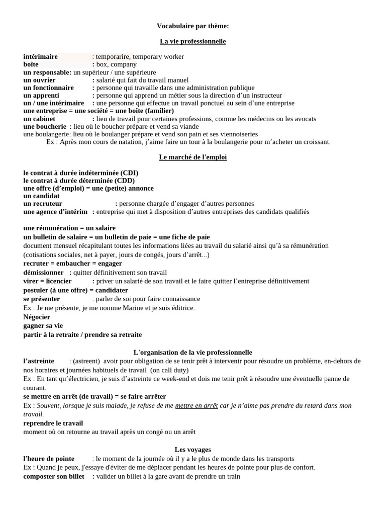 Vocabulaire Thématique Français PDF | PDF | Bulletin de salaire (droit ...
