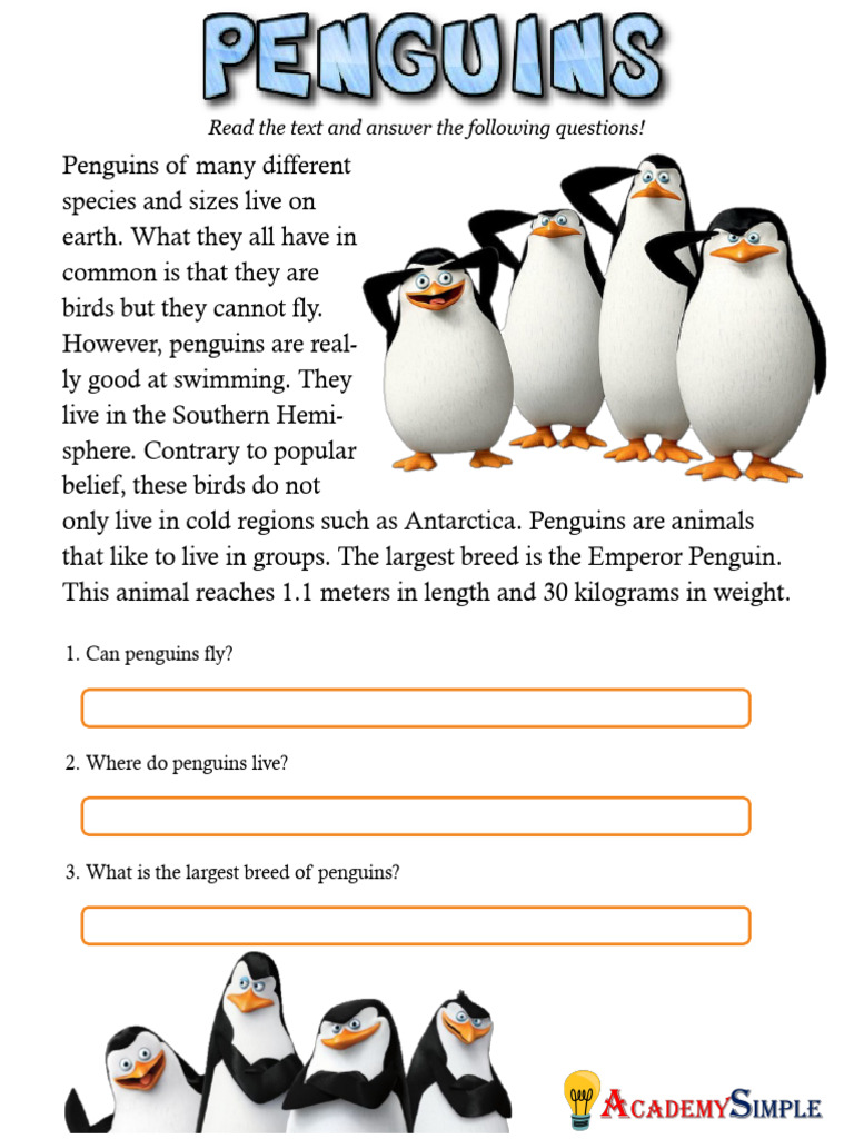 Reading Comprehension Penguins | PDF