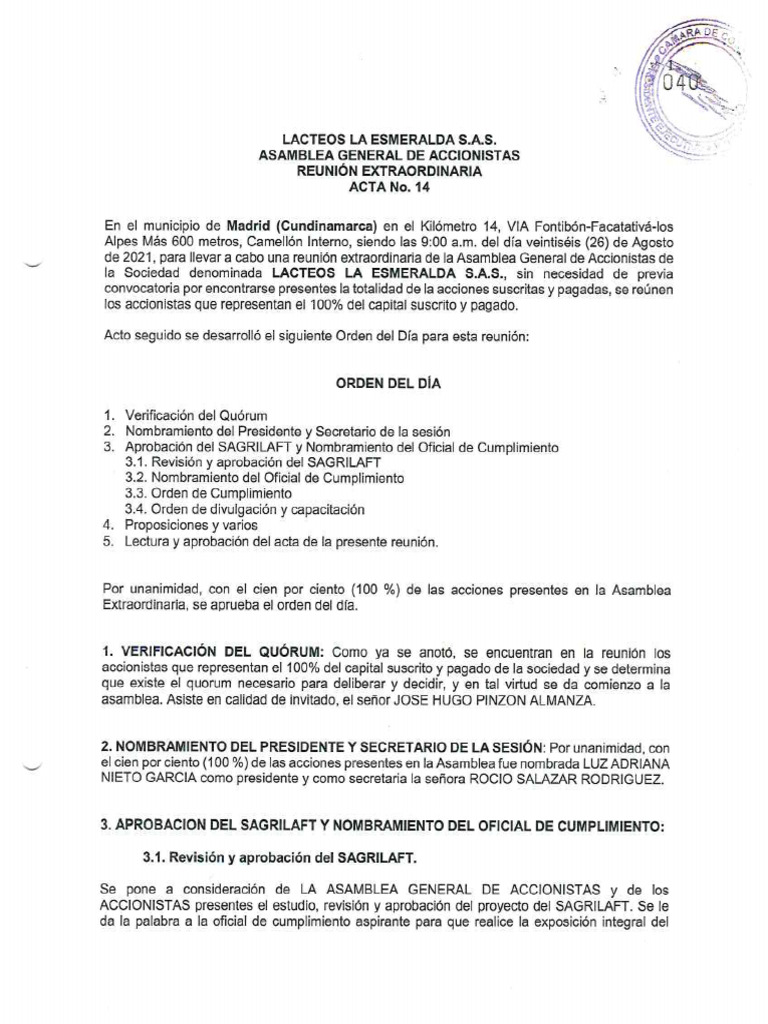 ACTA No.14 APROBACION SAGRILAFT y NOMBRAMIENTO OFICIAL DE CUMPLIMIENTO | PDF