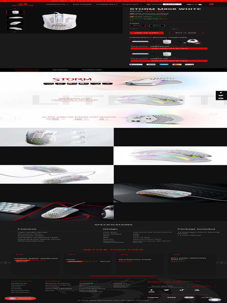 Redragon Storm M808 White Lightweight RGB Gaming Mouse Ultralight ...