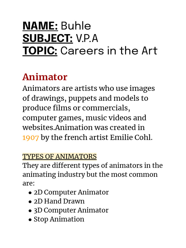 NAME: Buhle Subject: V.P.A TOPIC: Careers in The Art: Animator | PDF