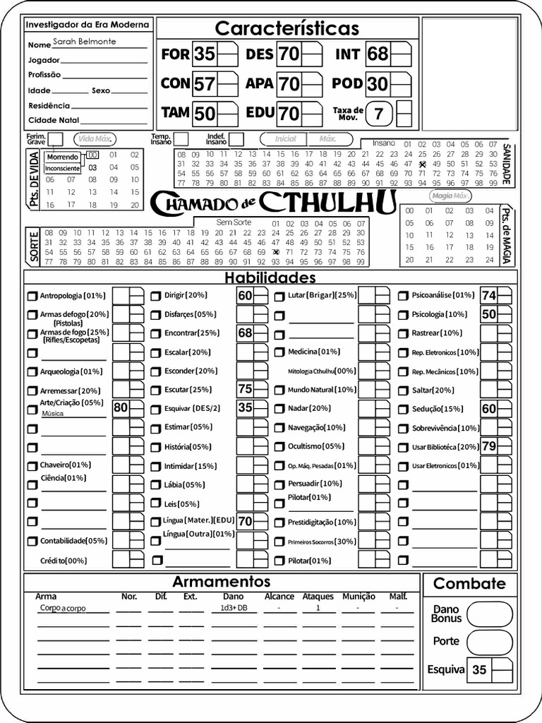 Ficha de Personagem Chamado de Cthulhu (BASE - Era Moderna) - 3 | PDF
