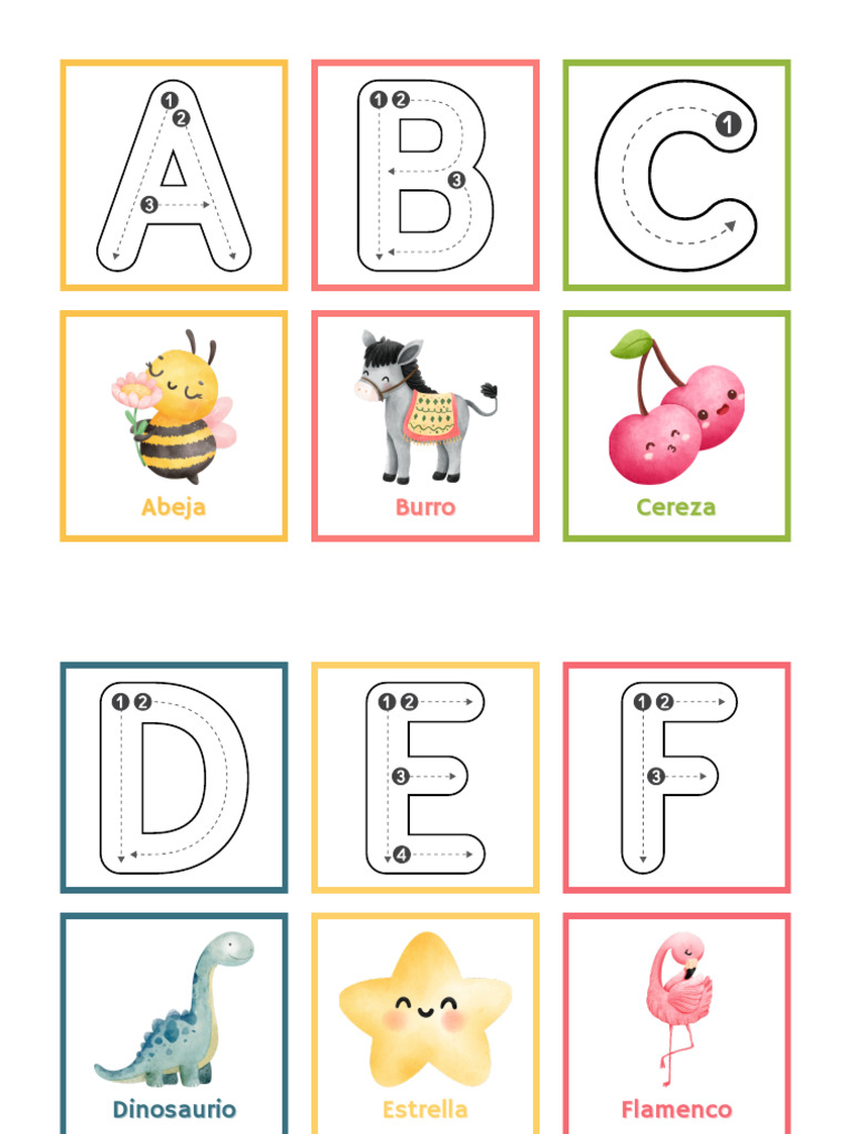 Tarjetas Educativas Trazo Del Abecedario Con Ilustraciones | PDF
