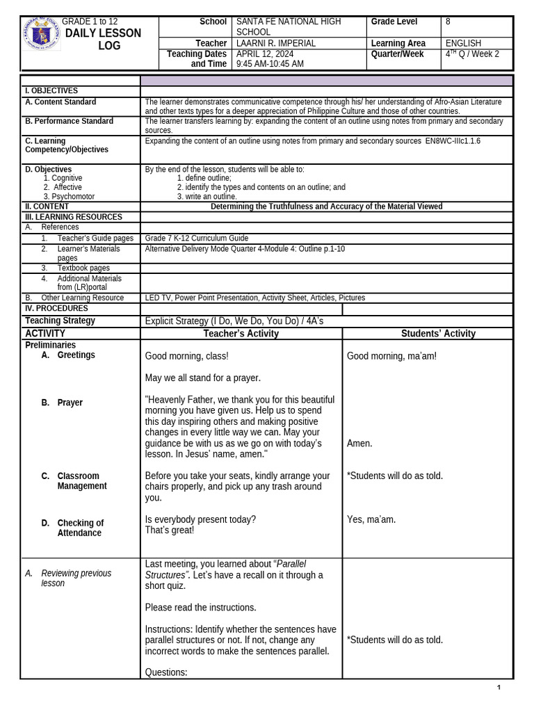 Daily Lesson LOG: GRADE 1 To 12 School 8 English APRIL 12, 2024 9:45 AM ...