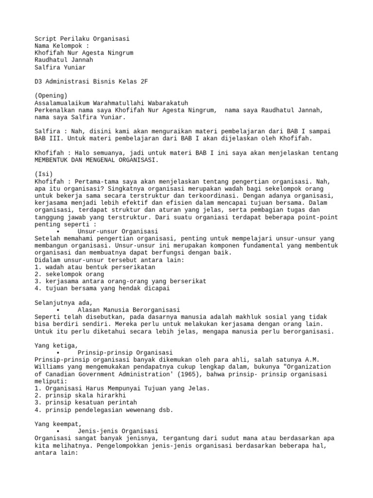 Script Perilaku Organisasi 2F | PDF