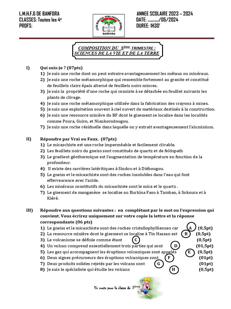 Compo SVT 4eme LMHFG 2024 | PDF