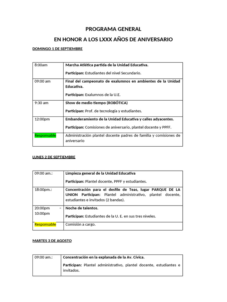 PROGRAMA GENERAL ANIVERSARIO | PDF