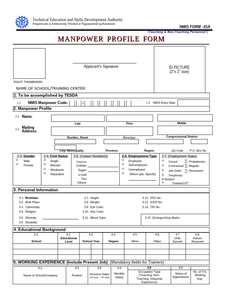 Manpower Profile Form Teaching Amp Non Teaching | PDF