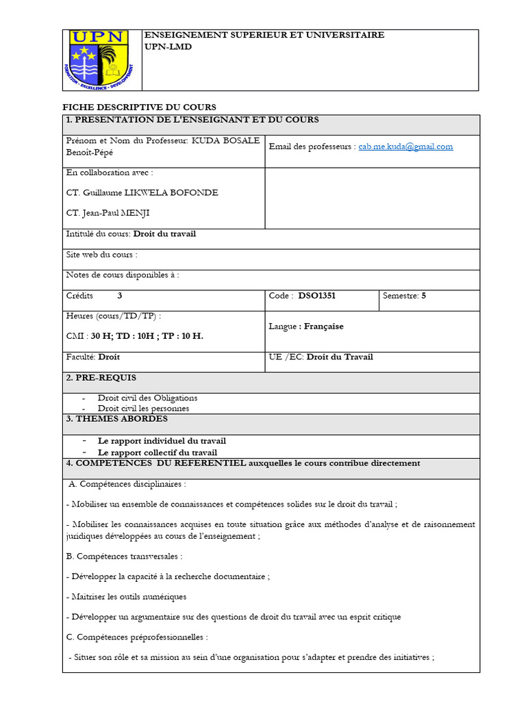 Fiche Descriptive Droit Du Travail Upn 1 | PDF