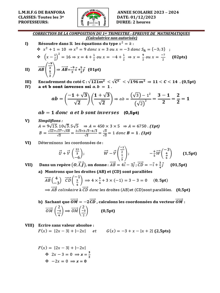 Correction Compo Maths 3e LMHFG | PDF