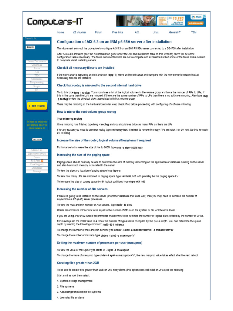Computers-It. Configuration of AIX 5.3 On An IBM p5 55A Server After Installation | PDF