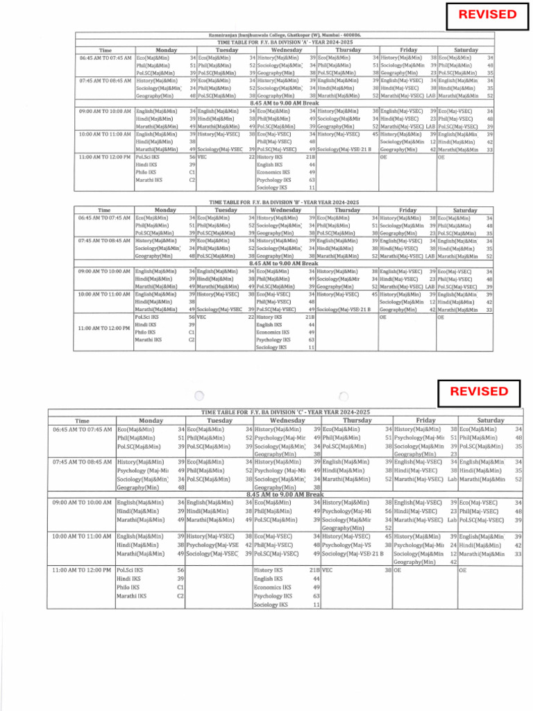 F.Y.BA Exam Time Table 2024-25 | PDF