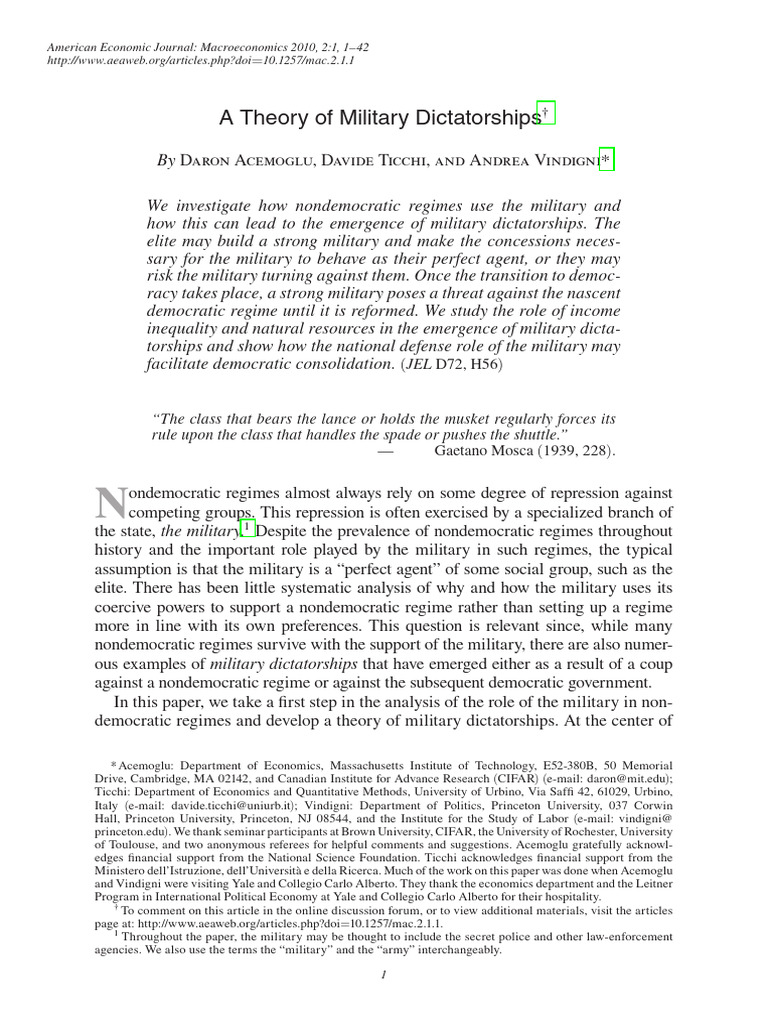 Acemoglu Theory of Military Dictatorships | PDF | Democratization ...