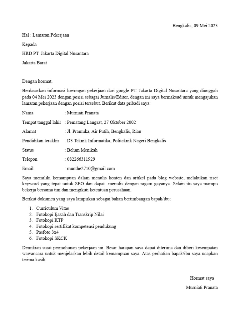 Surat Lamaran Kerja & CV | PDF