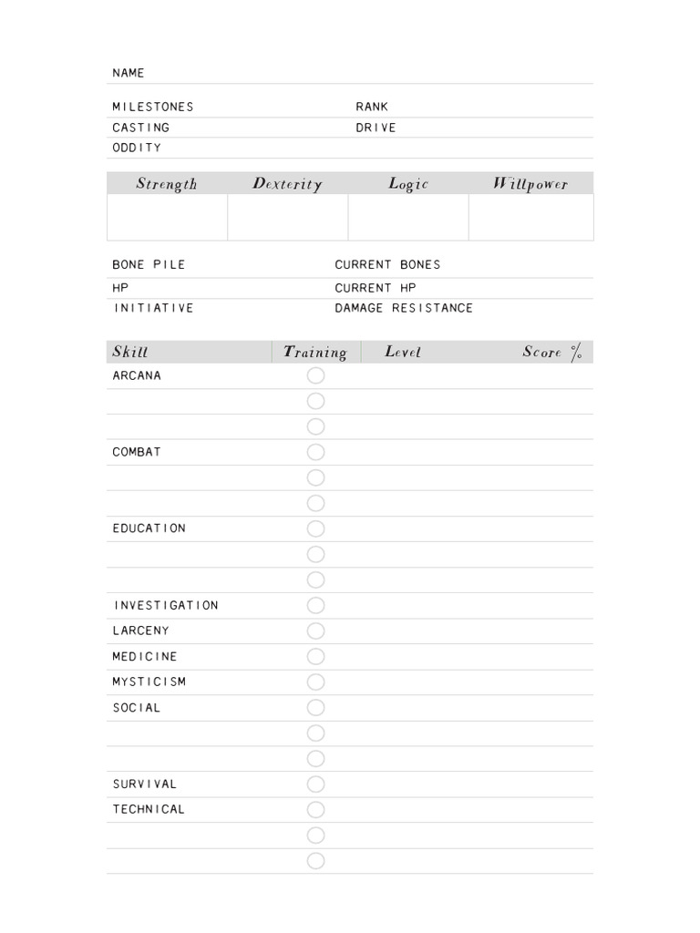 Sigil Shadow Character Sheet Large Fillable Grey | PDF