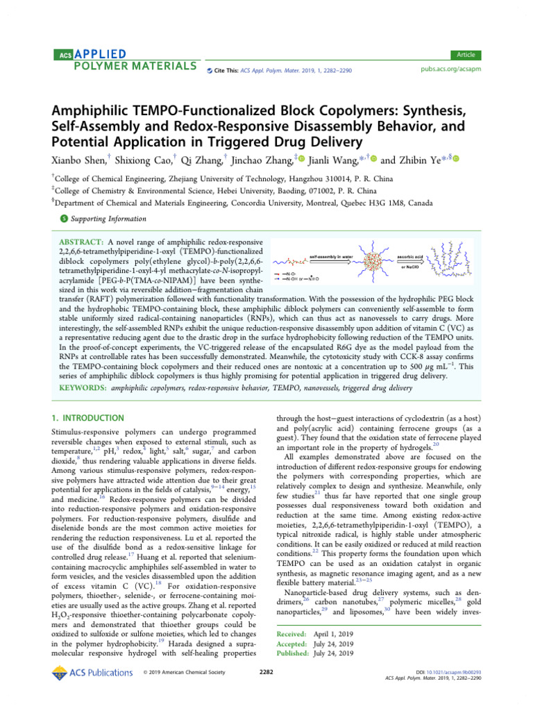 Shen Et Al 2019 Amphiphilic Tempo Functionalized Block Copolymers Synthesis Self Assembly and ...