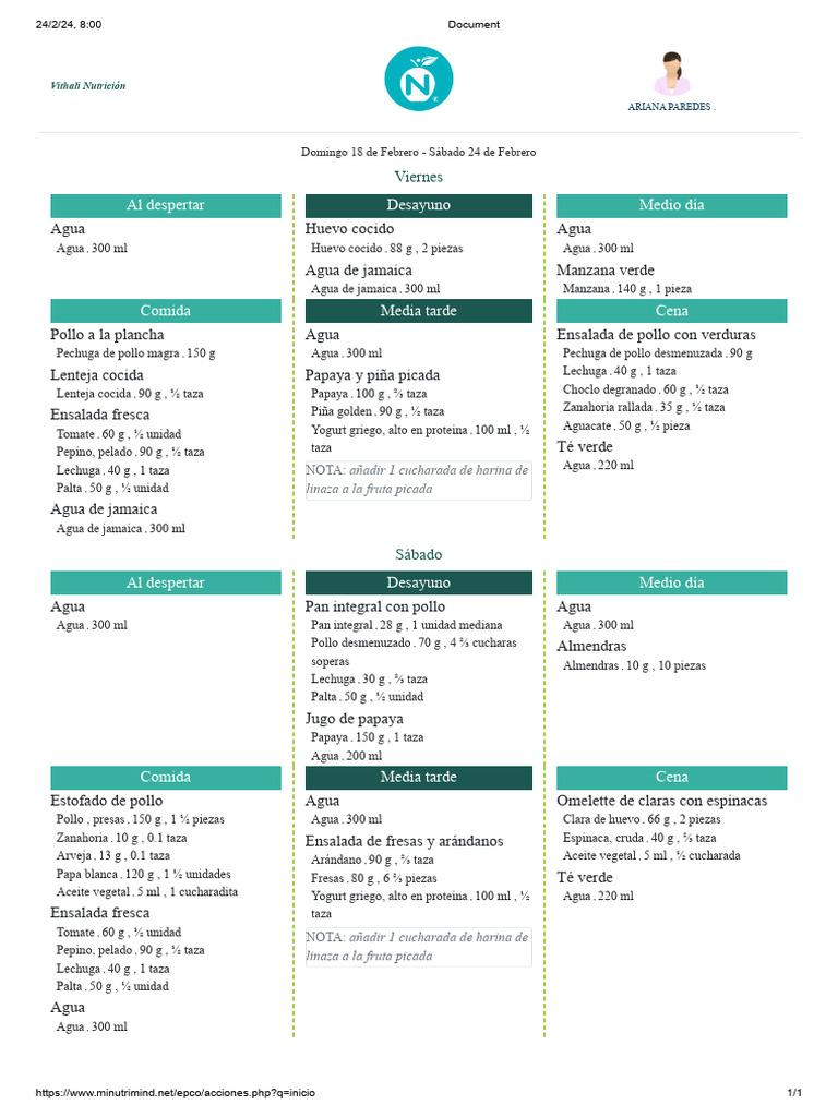 Plan Alimenticio Primera Semana | PDF