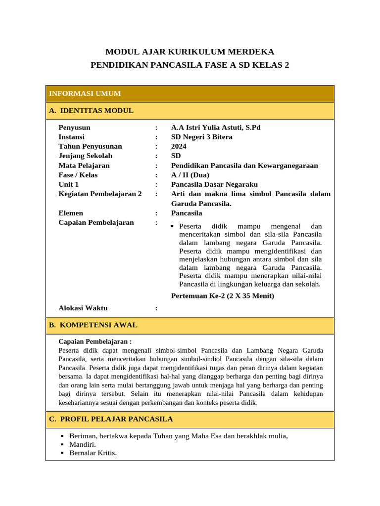 Modul Ajar PKN Kelas 2 | PDF