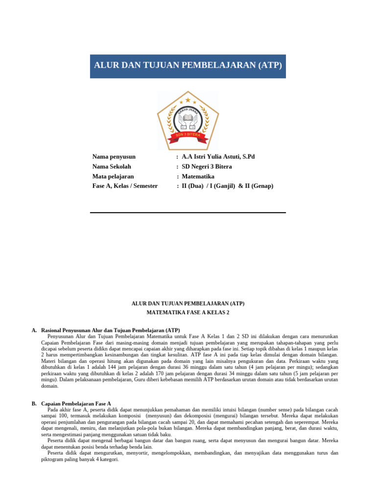 Atp Matematika Kelas 2 | PDF