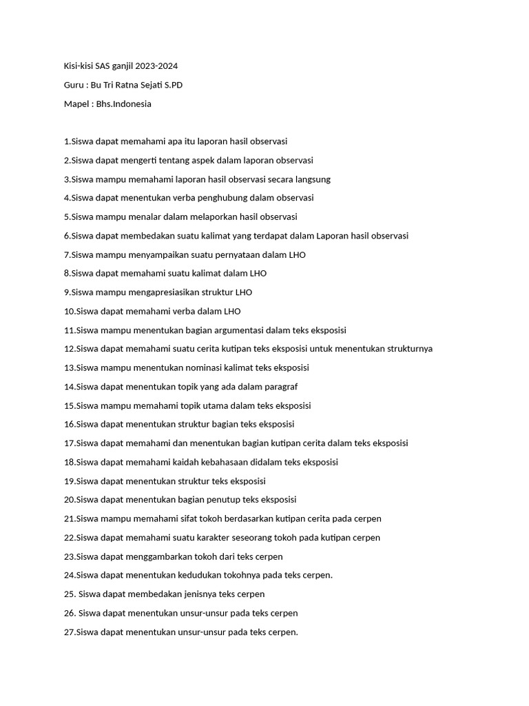 Kisi-Kisi Bhs - Indonesia | PDF