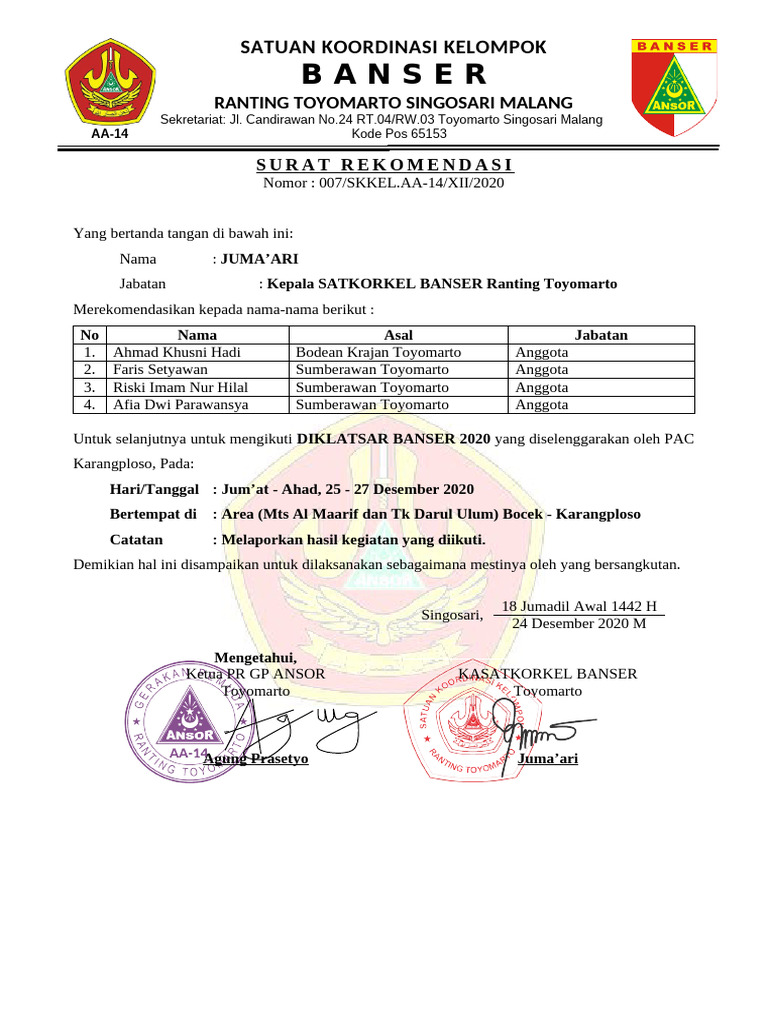 Contoh Surat Rekom Ranting - Edit | PDF